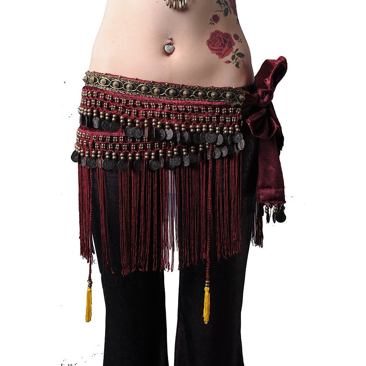 ZLTdream Women's Belly Dance Tribal Hip Scarf with Fringe Coins Flannel Dark Red, One Size