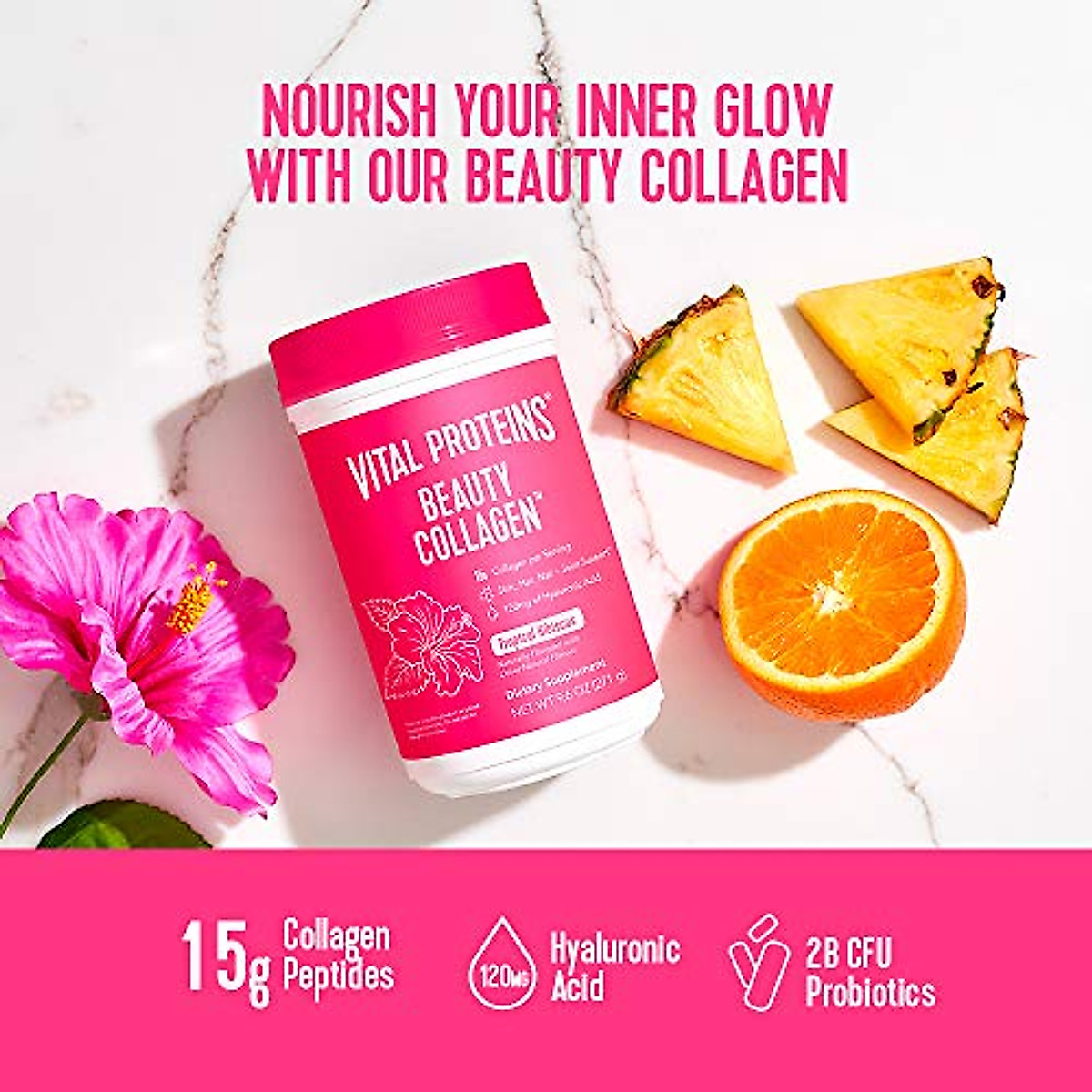Vital Proteins Beauty Collagen Peptides Powder Supplement for Women, 120mg of Hyaluronic Acid - 15g of Collagen Per Serving - Enhance Skin Elasticity and Hydration - Tropical Hibiscus - 9.6oz Canister