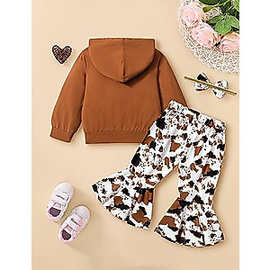 AGAPENG Baby Girl Cow Print Hoodie Sweatsuit - Long Sleeve Sweatshirt & Flare Pants - Fall Winter Clothes 12-18 Month Thanksgiving Outfit