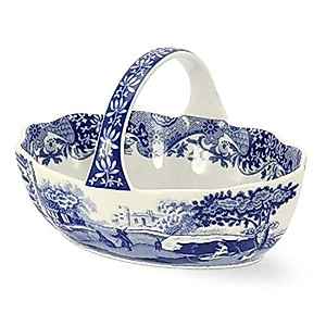 Spode Blue Italian Handled Basket | Fruit Bowl | Centerpiece for Potpourri | Home Décor | Made of Porcelain | Measures 6-Inches | Dishwasher Safe (Blue/White)