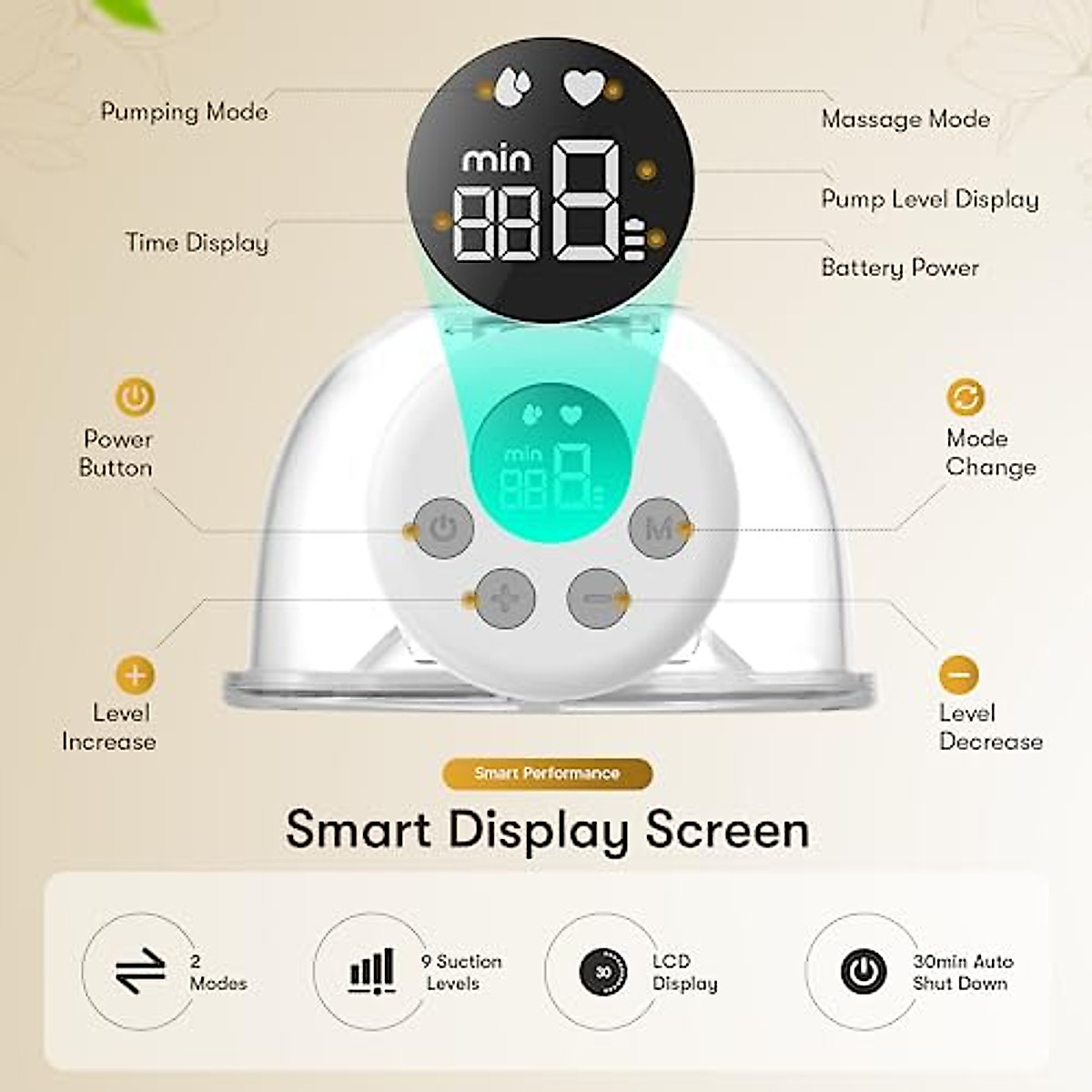 Wearable Breast Pump, Hands-Free Electric Breastfeeding Pump with 2 Pumping Modes & 9 Levels, Leak Proof with Anti-backflow Technology, Low Noise, 24mm Flexible Flange & Extra Inserts