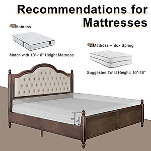 AMERLIFE King Size Solid Wood Bed Frame, Transitional Platform Bed with 52.5" Upholstered Tufted Headboard, Rubberwood/Roman Column Accents/Wood Slat Support/No Box Spring Needed