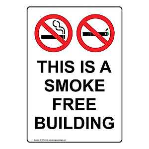 ComplianceSigns.com Vertical This is A Smoke Free Building Label Decal, 5x3.5 in. 4-Pack Vinyl for No Smoking