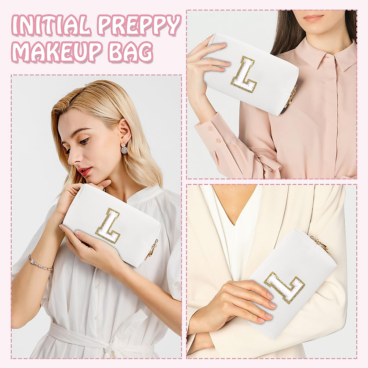 Personalized Initial Preppy Travel Makeup Bag Organizer, Small White Cute Cosmetic Bag Toiletry Zipper Pouch for Women, Portable Waterproof PU Makeup Case Birthday Gift for Female Women(Letter L)