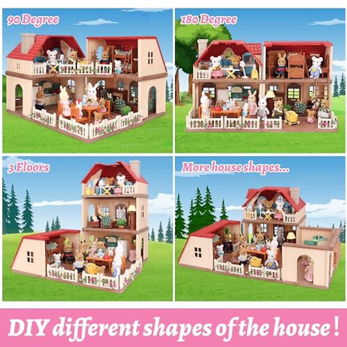 Family Cozy Cabin Doll House Playset, Dollhouse Furniture and Accessories,DIY Cottage Pretend Play Dollhouses, for Toddlers, Boys & Girls