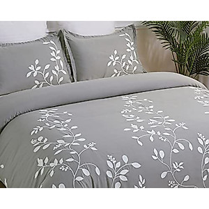 Dykoos Embroidered Soft Brushed Microfiber Duvet Cover Set, Floral Branches, Gray and White, King Size with Zipper Closure and Corner Ties, 1 Duvet Cover and 2 Pillow Shams