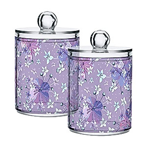 Floral Lilac Colors Pattern 2 Pcs Qtip Holder Purple Flowers Organizer Dispenser Storage Canister Plastic Apothecary Jars Bathroom Vanity for Cotton Swab Ball Pads Floss