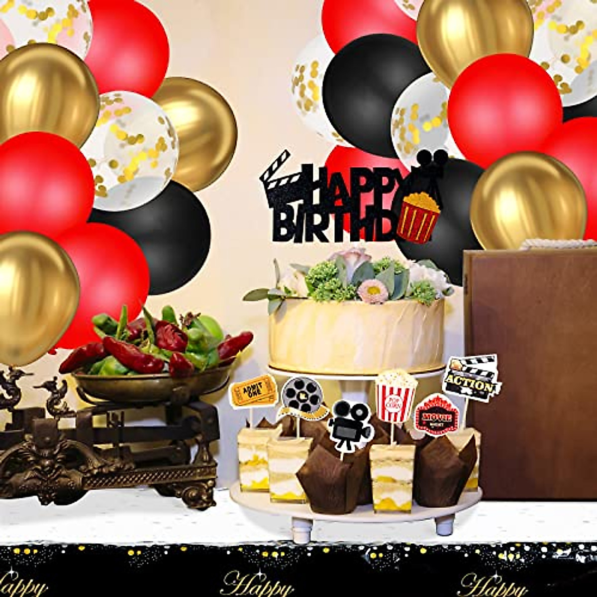 86 Pcs Movie Night Party Decorations Kit, Include Movie Night Themed Large Backdrop Movie Night Colorful Balloons Movie Night Table Cover Cake Topper for Movie Night Party Red Carpet Party Supplies
