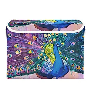 Kigai Peacock Storage Bins Foldable Large Cube Storage Box with Lids and Handles for Home Organizer Closet Office Decor 16.5x12.6x11.8 In