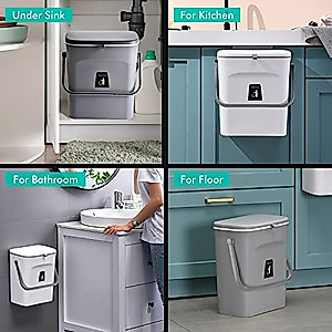 Hanging Trash Can 2 Pack&2.4 Gallon Kitchen Compost Bin for Cabinet Door,Small Under Sink Garbage Can with Lid,Grey+White
