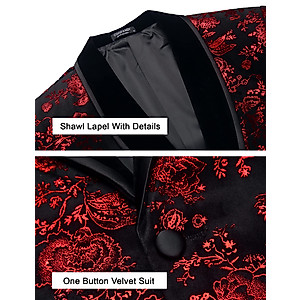 COOFANDY Mens Floral Tuxedo Jacket Regular Fit Velvet Blazer Red Wedding Party Prom Suits Jacket