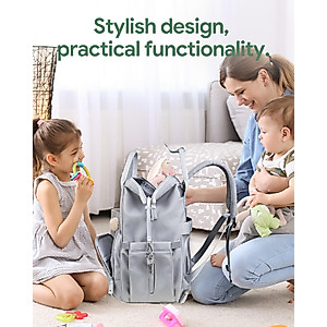 AUYRE Diaper Bag Backpack Large Diaper Bag Travel Backpack with Insulated Pockets & Stroller Straps Baby Shower Gifts Large Capacity, Waterproof, Grey