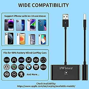 Wireless Carplay Adapter, iWiner 2023 Upgrade CarPlay Wireless Adapter Dongle for iPhone(i-OS 10+) Auto to Wireless Connect to Factory Wired CarPlay Cars from 2015 Plug & Play