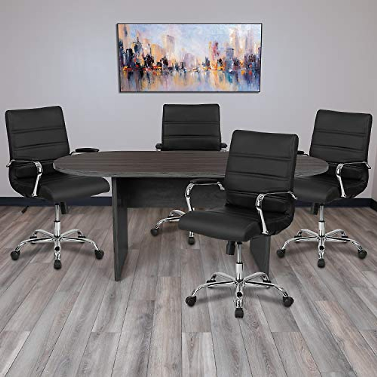 Flash Furniture 5 Piece Rustic Gray Oval Conference Table Set with 4 Black and Chrome LeatherSoft Executive Chairs