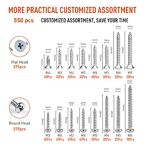 Trivd Frol 550Pcs Self Tapping Screws Assortment Set, M3/M4/M5/M6 304 Stainless Steel Sheet Metal Screws Kit, Phillips Drive Wood Screw Assortment 550Pcs(275pcs Round Head and 275pcs Flat Head)