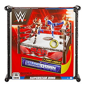 Mattel WWE Superstar Ring, 14 inches with Spring-Loaded Mat, 4 Event Apron Stickers & Pro-Tension Ropes for WWE 6-inch Action Figures