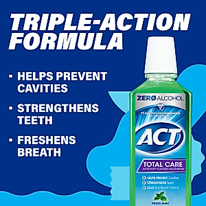 ACT Total Care Zero Alcohol Anticavity Fluoride Mouthwash 33.8 fl. oz. (Pack of 3) Fresh Mint