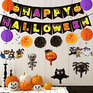 Halloween Birthday Party Decorations Indoor, Halloween Themed Party Supplies with Happy Halloween Banner Hanging Swirl Streamers Halloween Card Paper Flowers Balls Honeycomb Balls Foil Balloons