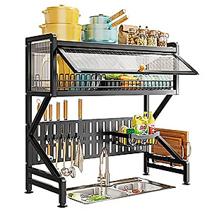 LOYALHEARTDY Over Sink Dish Drying Rack with Cover, 2 Tier Large Storage Kitchen Sink Organize Stand Shelf Space Saver Metal Dish Drying Rack for Kitchen Counter, 33.5"