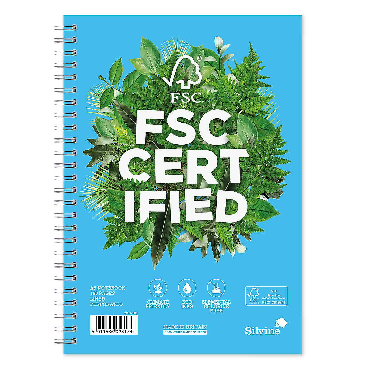 Silvine A5 Premium FSC Wirebound Notebook - Ruled Feint, 160 Pages of FSC Certified Paper. Ref R203 [Pack of 5]
