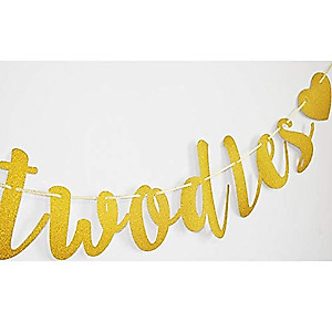Oh Twodles with Two Gold Hearts Banner, Vintage Sign Garland for Baby Boys/Girls' Second Birthday Party Supplies, Babies' 2nd Birthday Party Decoration