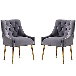 KINWELL Upholstered Dining Chairs Set of 2, Modern Accent Side Chair with Tufted Back and Pull Handle, Velvet Armchair Desk Chair with Gold Metal Legs for Living Room, Home Office,Vanity (Gray)