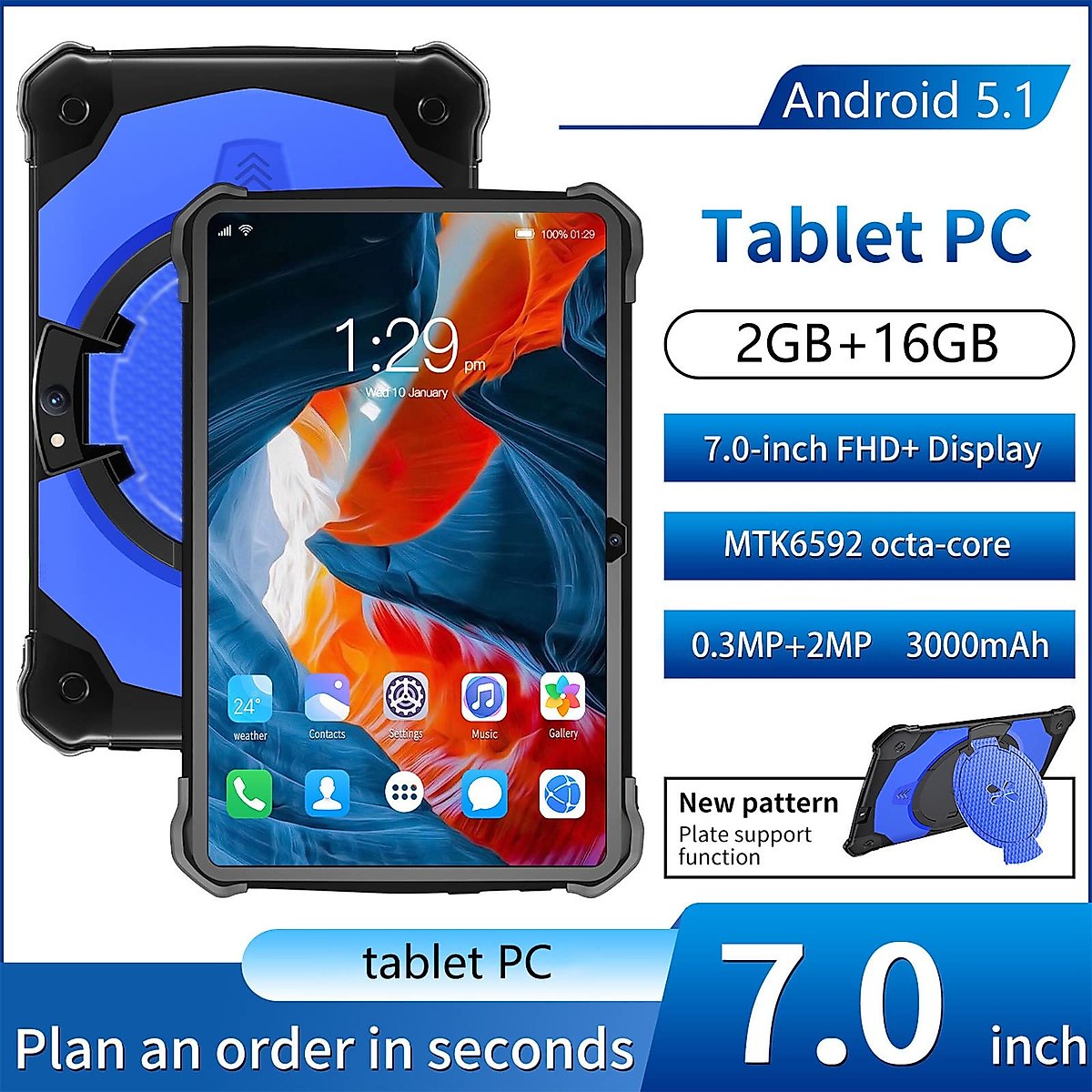 Nsxcdh Android Tablet, 7 Inch Bluetooth WiFi Voice Call Game Video Learning Tablet with IPS HD Display Screen, Dual Camera, 2GB RAM+16GB Storage, SIM Card Function, 3000 MAH Battery