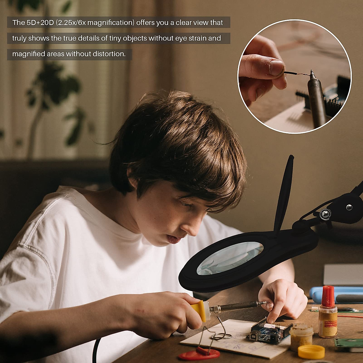 Bemelux Bifocals LED Magnifying Lamp with Clamp, 5 Diopter with 20 Diopter, 5 Inch Magnifier Glass Lens, 1200 Lumens Dimmable Magnifier Lamp for Desk Craft Hobby with 60PCS Bright LEDs