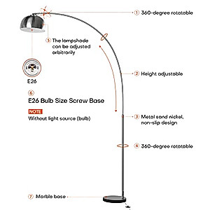 LamQee Modern Arc Floor Lamp 72.7" Tall Standing Hanging Lamp Chrome Finished Arched Floor Lamp with Marble Base for Living Room Bedroom Study Reading Office