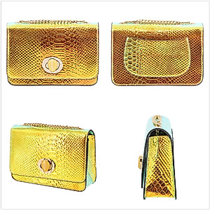 Gabrine Womens Evening Bag Holographic Snake Skin Leather Shoulder Bag Crossbody Bag with Detachable Chain, Yellow