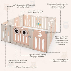 Costzon Foldable Baby Playpen Baby Fence with Lock Door, Rubber Pads & Anti-Slip Rubber Bases, Indoor Outdoor Safety with Adjustable Shape for Toddlers (14-Panel, Pink)