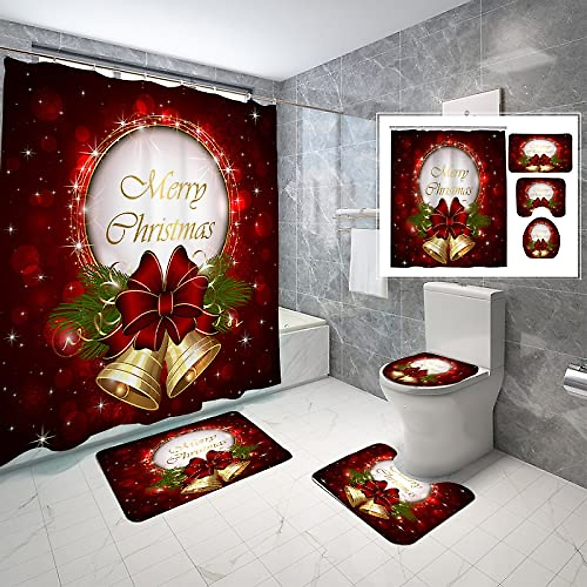 Kerally 4Pcs Merry Christmas Bathroom Sets, Waterproof Christmas Shower Curtain, Non-Slip Carpet, Toilet Mat and Floor Mat Shower Curtain Set for Holiday Decoration