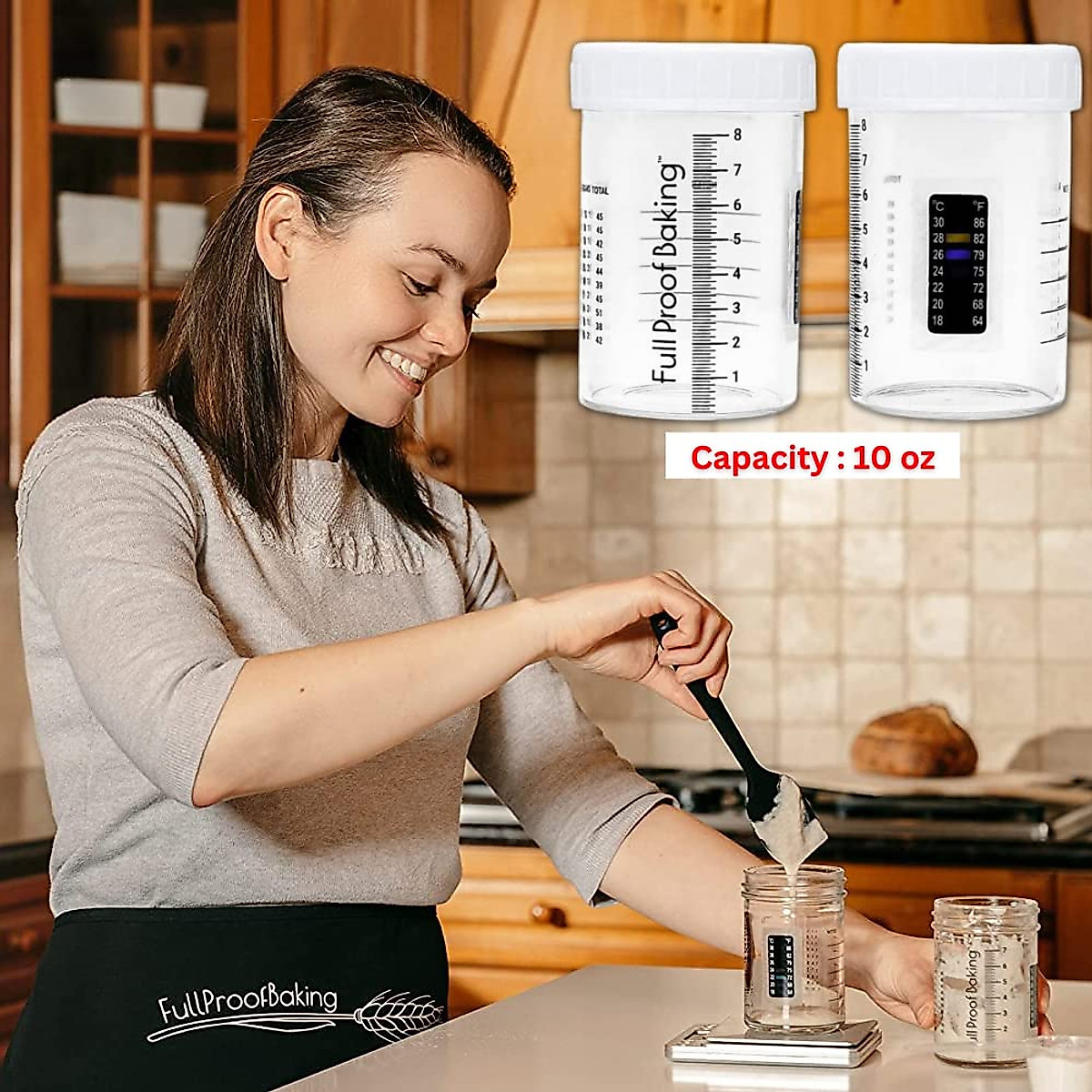 Full Proof Baking Sourdough Starter Kit | 1/2 Hour Guide Video (link) | Two 10oz Glass Smart Jars w/Thermometers, Rulers, Feeding Ratios | Digital Scale | Spatula and Scoop, (Starter Not Included)