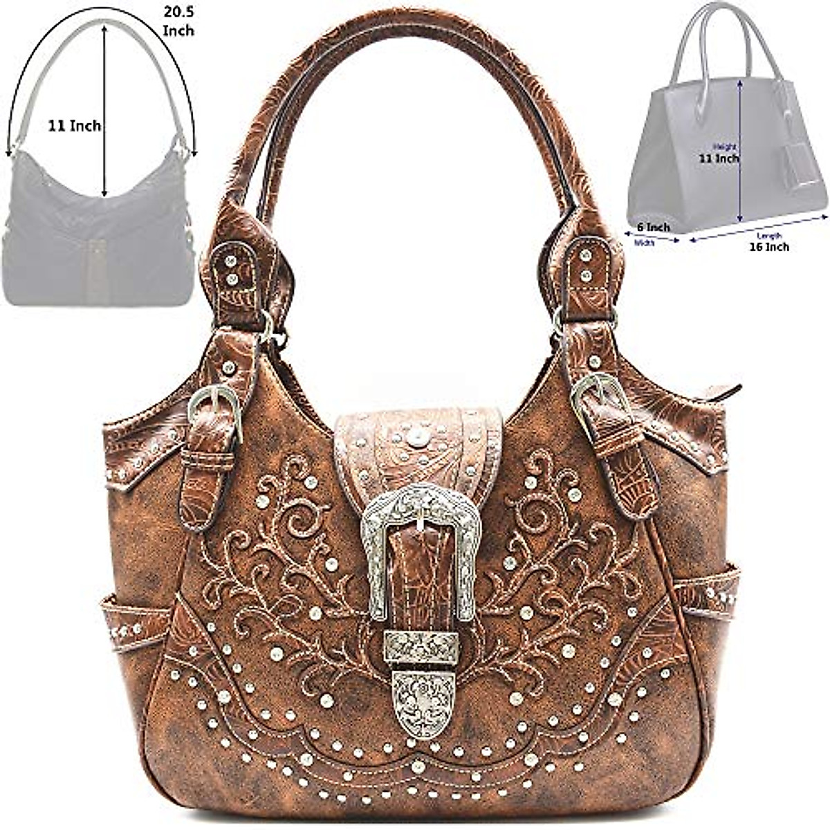 Western Style Tooled Leather Conceal Carry Purse Buckle Country Large Totes Handbag Women Shoulder Bag Wallet Set Brown
