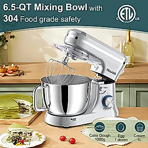 HOWORK Electric Stand Mixer,10+p Speeds With 6.5QT Stainless Steel Bowl,Dough Hook, Wire Whip & Beater,for Most Home Cooks,Silver