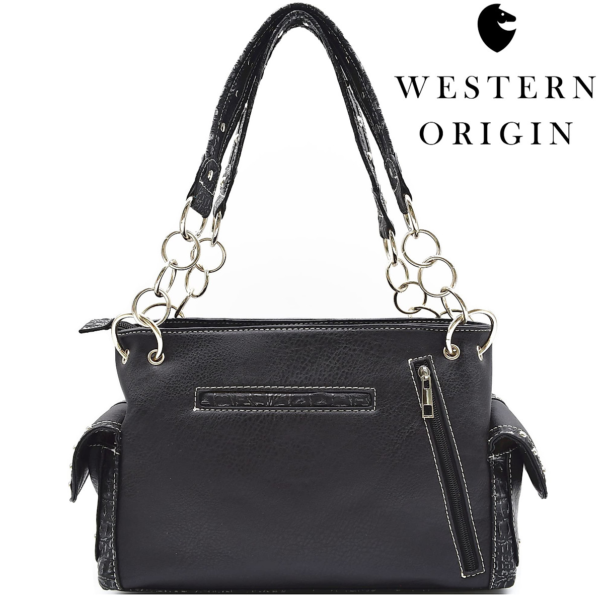 Punk Gothic Rock Metallic Skull Day of the Dead Floral Sugar Skull Leather Purse Women Handbag Shoulder Bag Wallet Set (#2 Black Set)