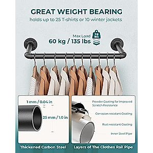 OROPY Industrial Pipe Clothes Rack 21.6” Set of 2, Heavy Duty Wall Mounted Black Iron Garment Bar, Multi-Purpose Clothing Hanging Rod for Laundry Room and Closet Storage