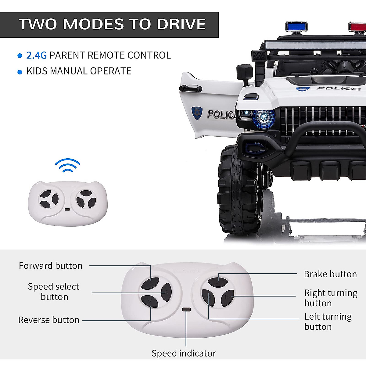 Aosom 53" L 2-Seater 12V Police Car Ride On Truck with Remote Control, Battery Operated Electric Car for Kids with Suspension, MP3 Player, Lights, Music, Horn, White