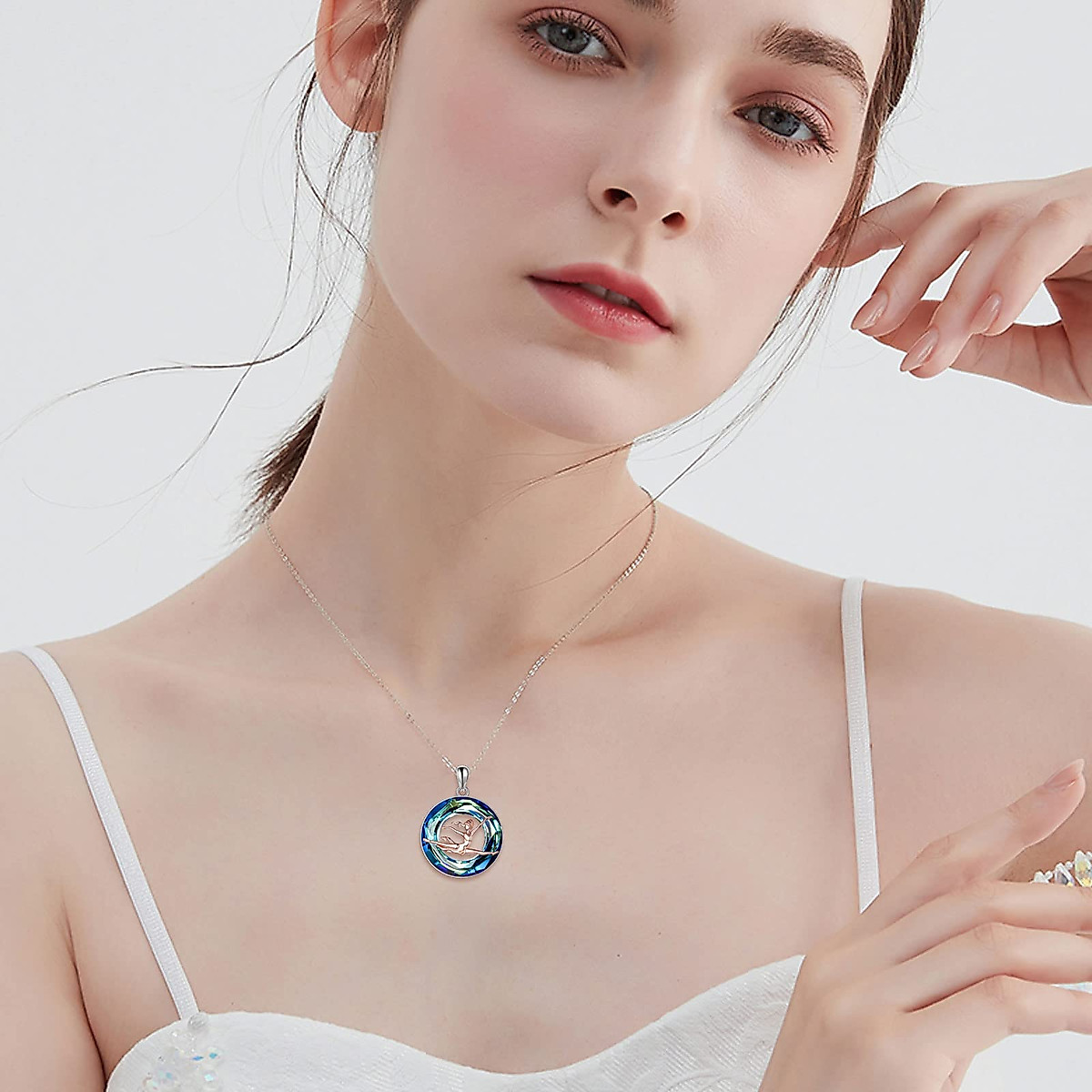 POPLYKE Ballerina Necklace Gifts Sterling Silver Dance Pendant with Circle Bklue Crystal Jewelry for Women Dancer (silver-Ballerina Circle Crystal Necklace)