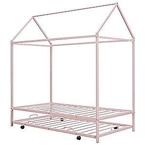 Merax Cute Montessori Bed with Trundle Twin, Metal Low House Daybed for Kids No Box Spring Needed/Space Spaving Pink