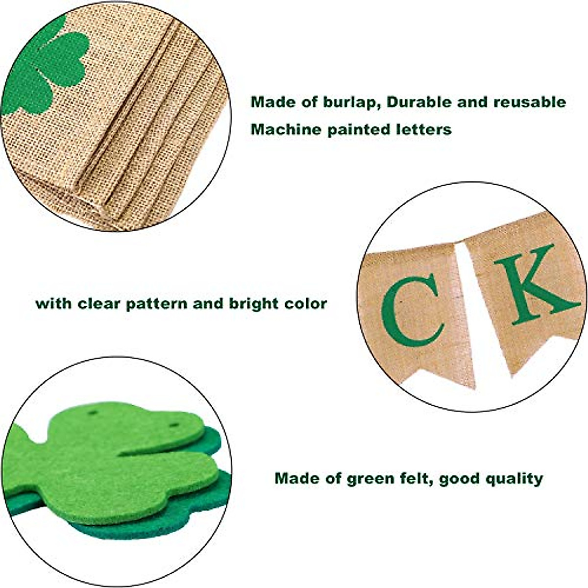 3 Pieces St. Patrick's Day Banner Shamrock Garland Lucky Banner Burlap Irish Garland Green Four Leaf Banner and Felt Shamrock Clover Banner Flags for Saint Patrick's Day Party Decor