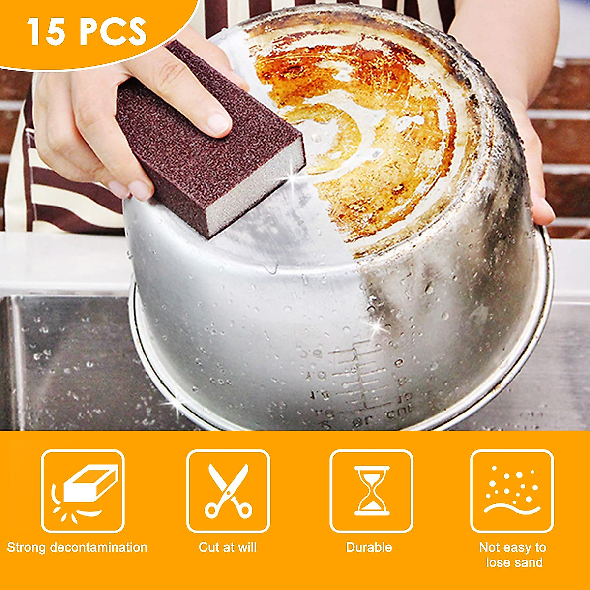 Sponge Individually Wrapped, Carborundum Sponge Nano Emery Sponges Stone Pot Dishwashing Sponge, Eraser Grit Scouring Pad Brush Rust Odor-Free Sponge Wipes for Kitchen(15 Pack)