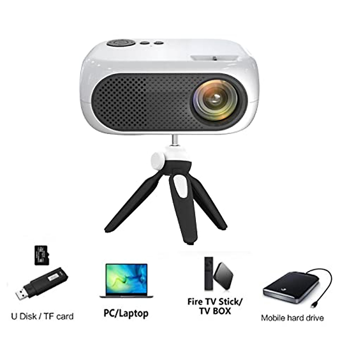 Projector, (U.S. Standard) LED Portable Mini Projector HD 1080P Projector U Disk Plug-in Card, Home HD Projector, with Tripod, External Audio Connection, Family Wonderful Gifts