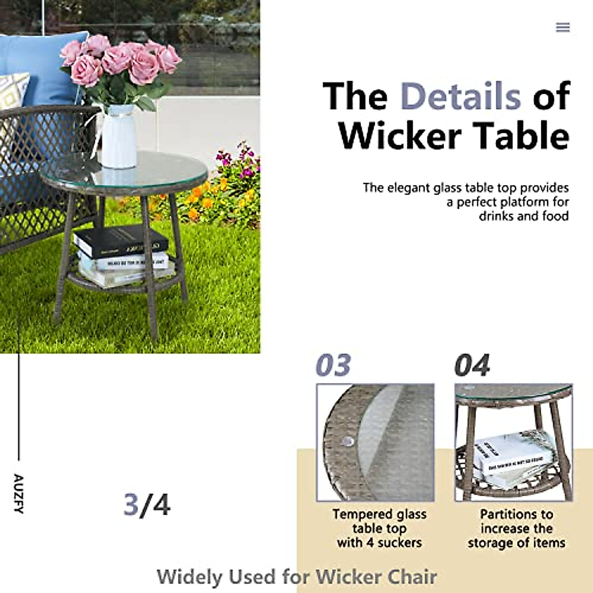 Auzfy 3 Pieces Outdoor Patio Chair Set Small Patio Conversation Sets Wicker Patio Bistro Set with Side Table & 2 Pillows for Sunroom, Garden, Balcony, Blue Cushion