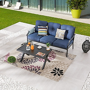 LOKATSE HOME Outdoor Patio Cushioned Loveseat 3 Seats Sofa Bench with Metal Coffee Table, Blue