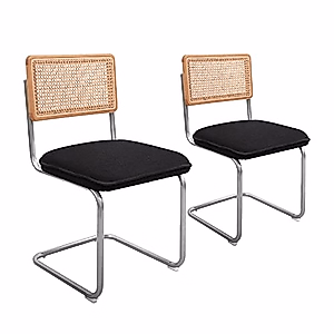 CangLong Mid-Century Modern, Natural Mesh Rattan Backrest, Upholstered Fleece Seat Armless Chairs with Metal Legs for Home Kitchen Dining Room, Set of 2, Black