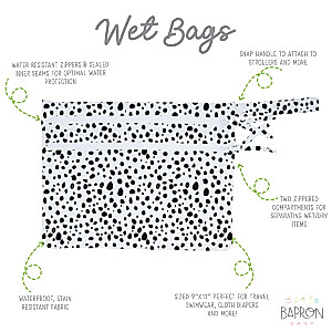 BapronBaby Organic Dot Wet Dry Bag - Waterproof Two Zipper Pockets - Reusable for Mealtime, Diapers, Stroller, Snacks, Swimsuits - Machine Washable - 11" x 9"
