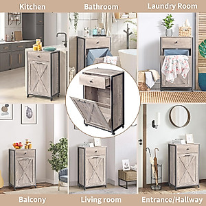 Karl home Tilt Out Trash Can Cabinet for Kitchen, Tilt Out Laundry Hamper Cabinet with Drawers and Lockable Wheels, Bathroom Laundry Cabinet with 10 Gallon Dirty Clothes Basket, Grey