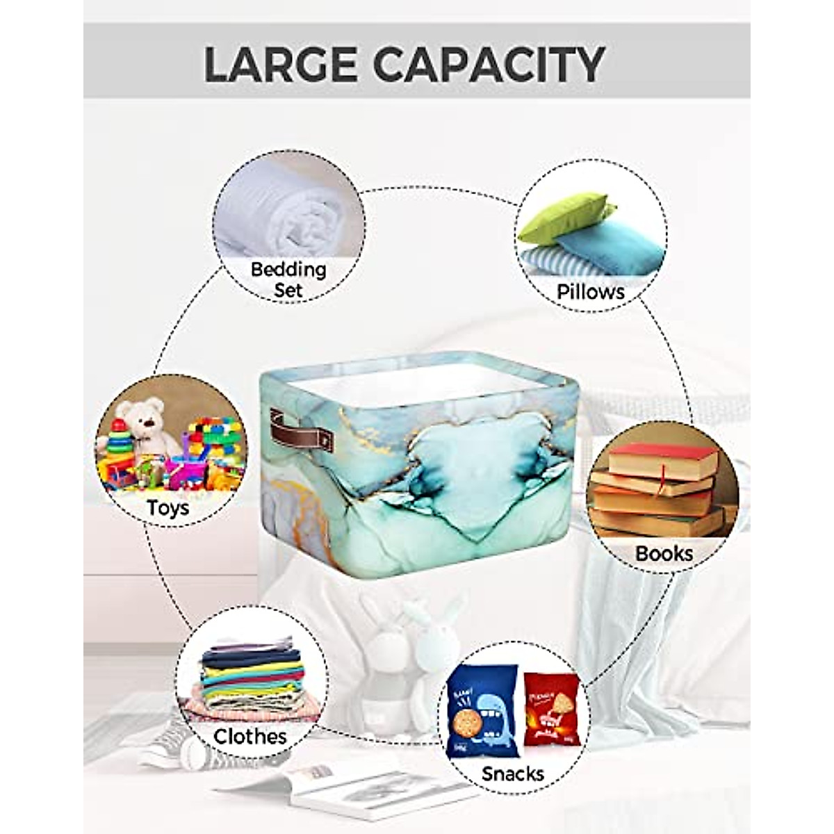 Qumstemily Marble Storage Bins for Shelves, Jade Texture Green Teal Collapsible Storage Boxes Basket for Bedroom/Kitchen, Closet Organizers with Handle, Marble Ink Paint Storage Cubes - 1 Pack