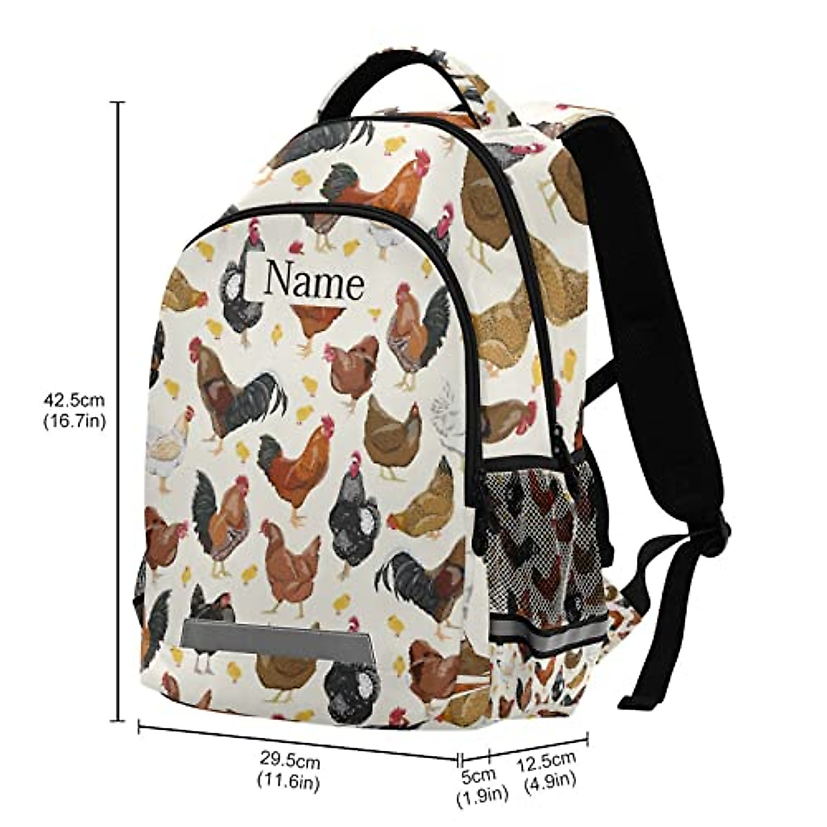 Custom Chicken Roosters Backpack Personalized Name Bookbags Reflective Design Travel School Bag for Student with Adjustable Buckles